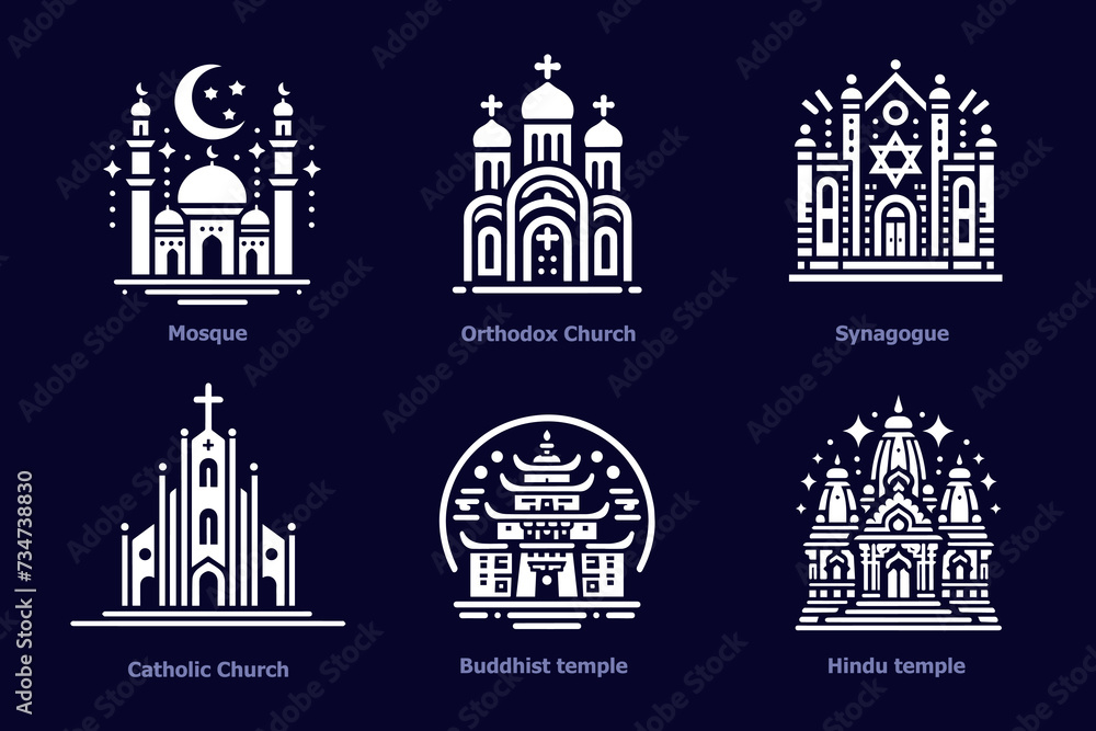 Temples and religions of the world. Houses of prayer. Synagogue, mosque ...