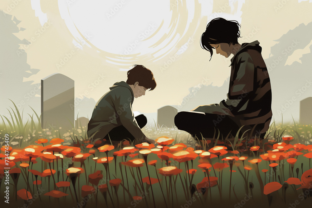 Sad woman and grief boy sitting in front of graveyard with tombstones ...