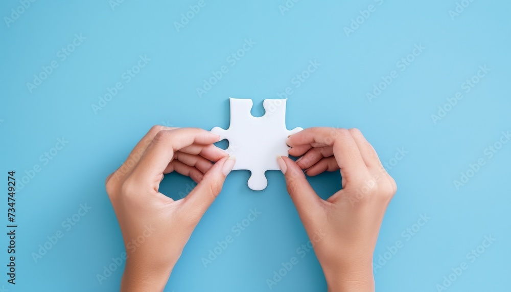 Generative AI image of woman's hands holding a white puzzle piece on a ...