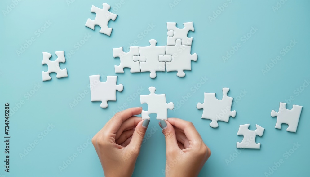 Generative AI image of woman's hands holding a white puzzle piece on a ...