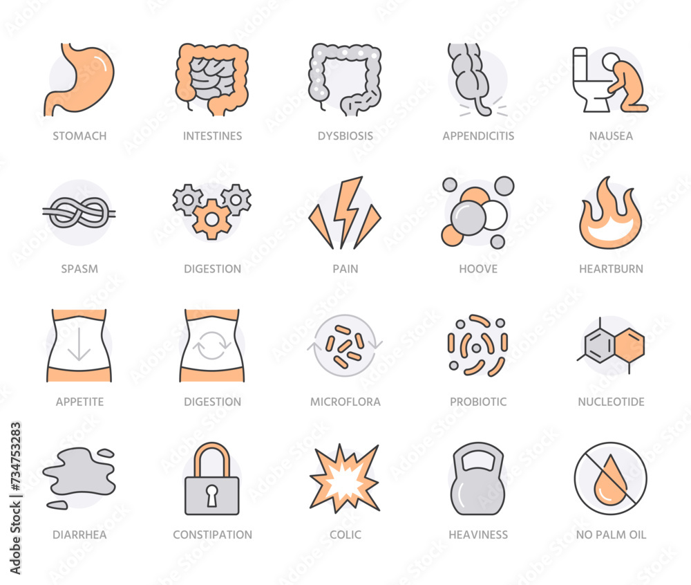 Symptoms of abdominal disease flat line icons set. Stomach pain, appendicitis, heartburn, spasm ...