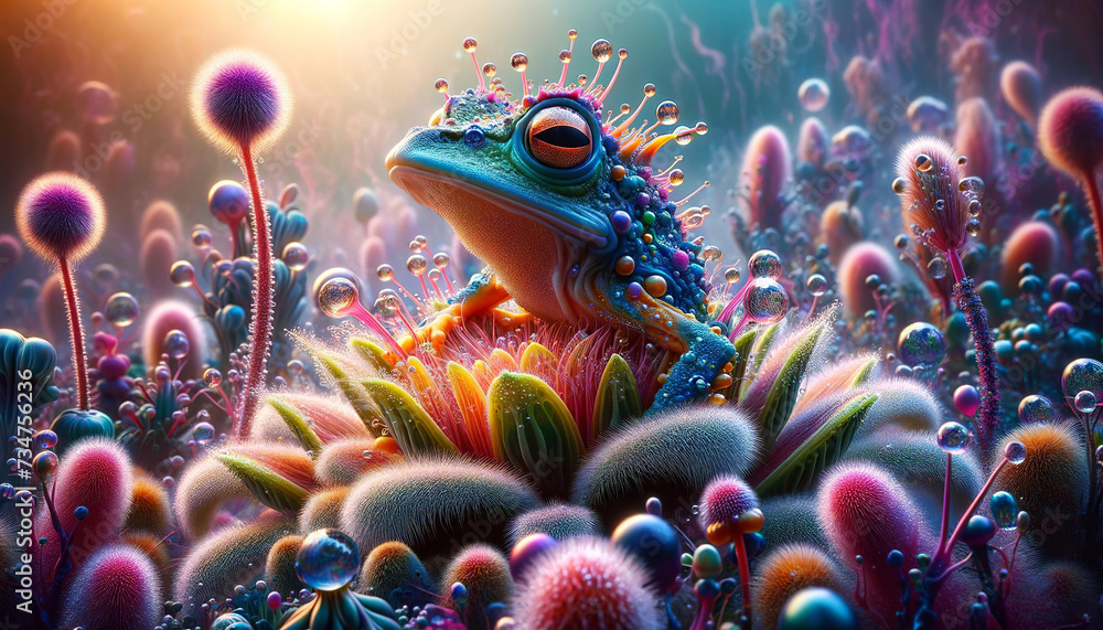 Vividly colored digital art of a fantastical frog amidst a vibrant ...