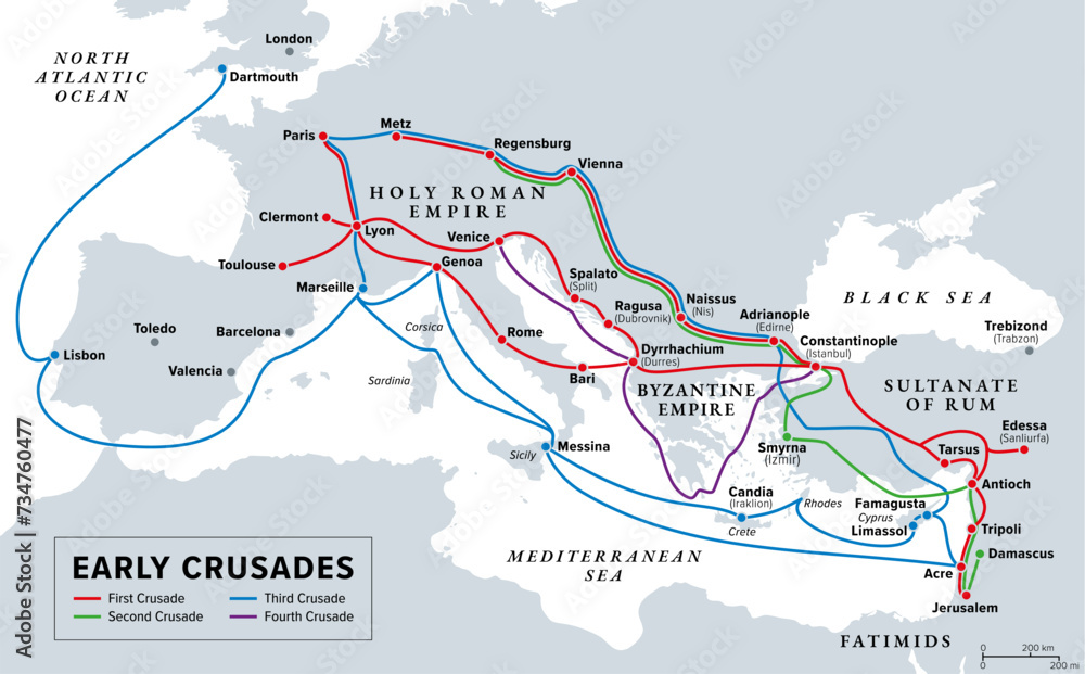 Early Crusades, gray history map. First four Crusades, a series of ...