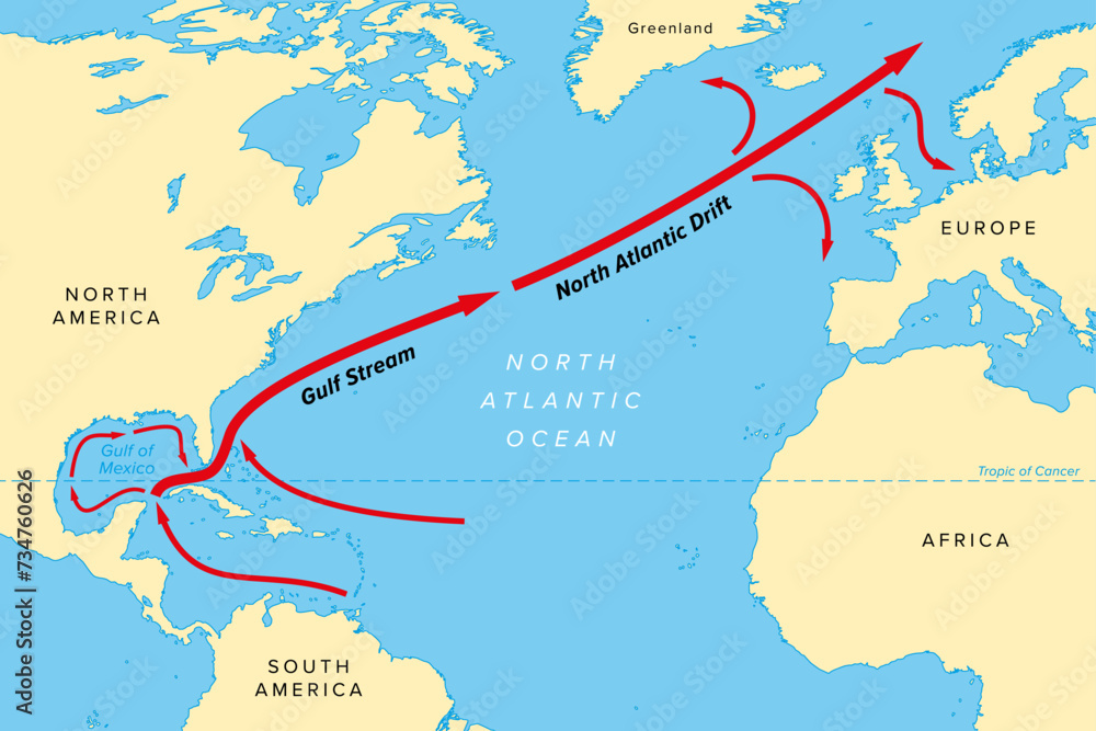 Map of the Gulf Stream with its northern extension North Atlantic Drift ...