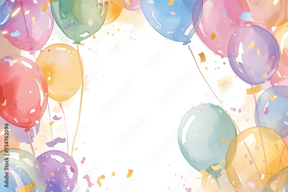 Cute cartoon colorful balloons frame border on background in watercolor ...