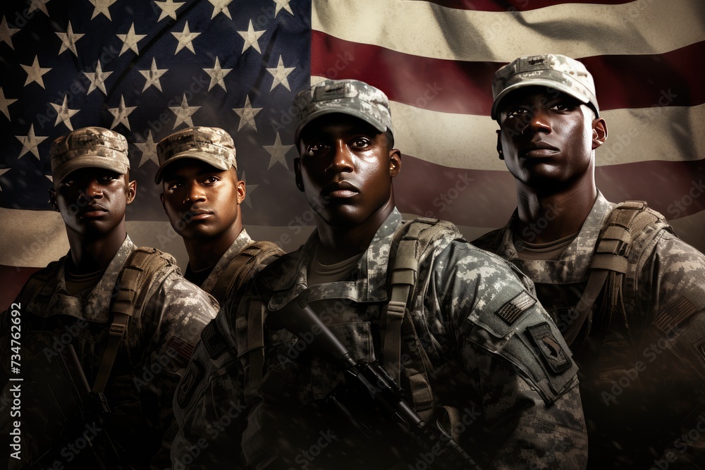 Group of us army soldiers over us flag, soldiers with weapon pose for ...