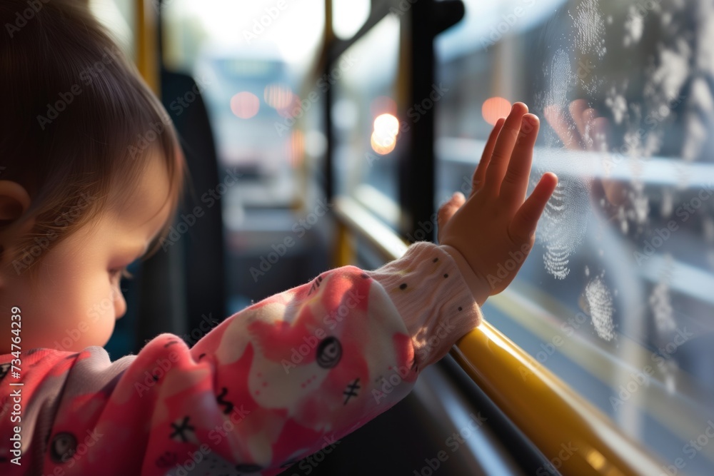 child touching various surfaces in a bus, visible fingerprints and ...