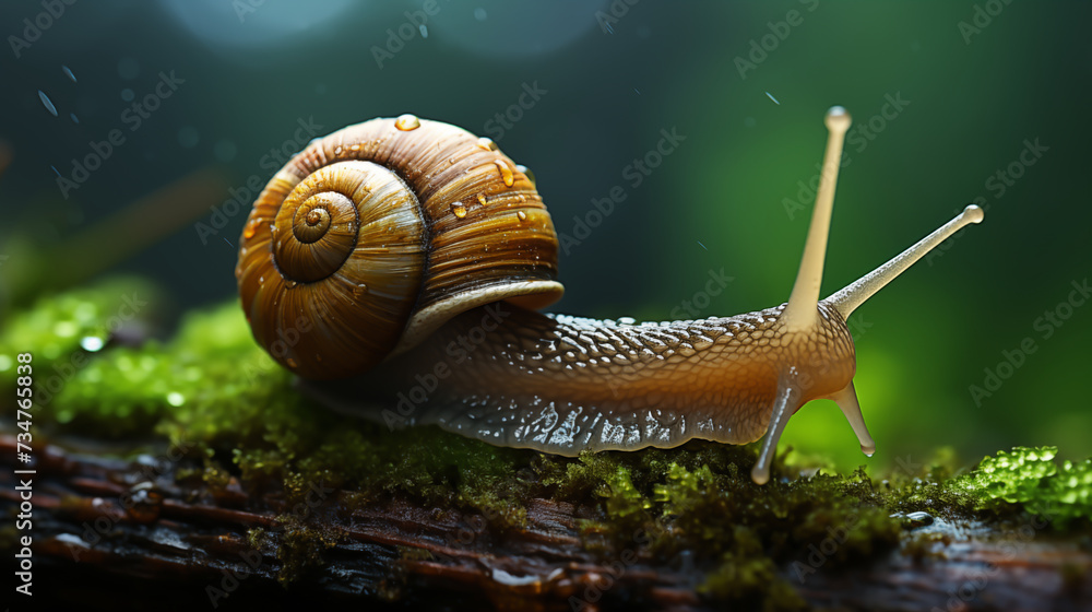Macro picture of a snail, mollusk, escargot, gastropod, slug climbing ...