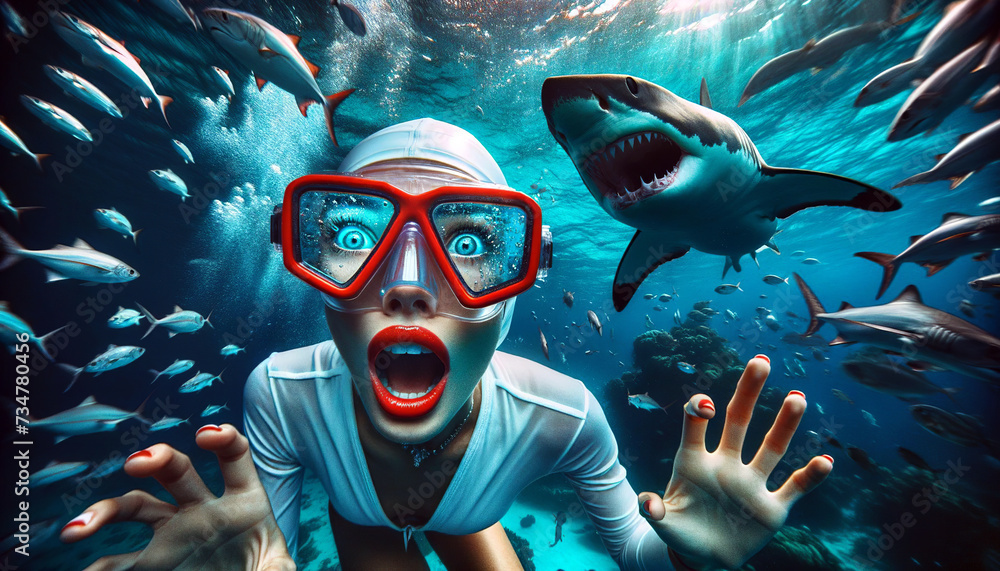 Thrilling underwater scene with a woman in a diving suit and goggles ...