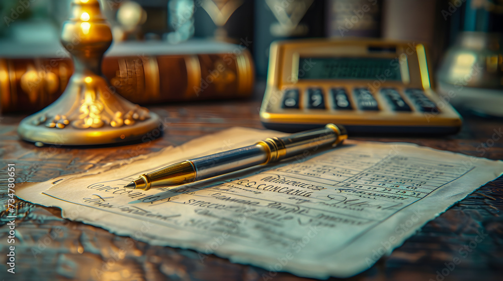 A classic accounting scene featuring a vintage ledger, golden pen, and ...