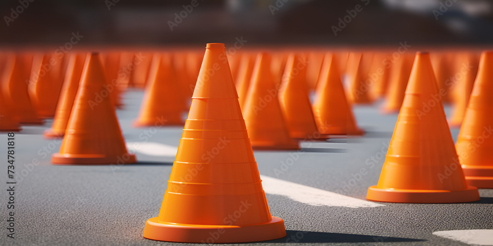 Traffic cones in a straight line creating a safe path for pedestrians ...