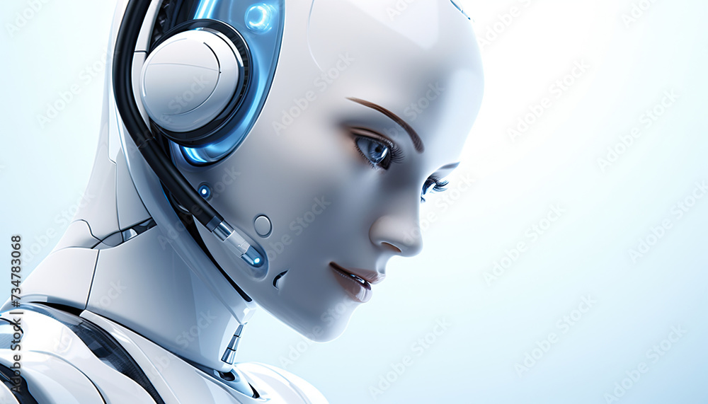 AI humanoid female white robot acting as a customer service phone call ...
