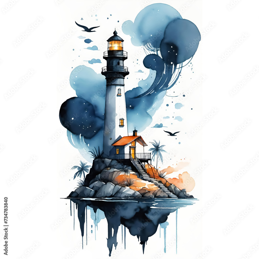 This artwork portrays a stylized watercolor depiction of a lighthouse ...