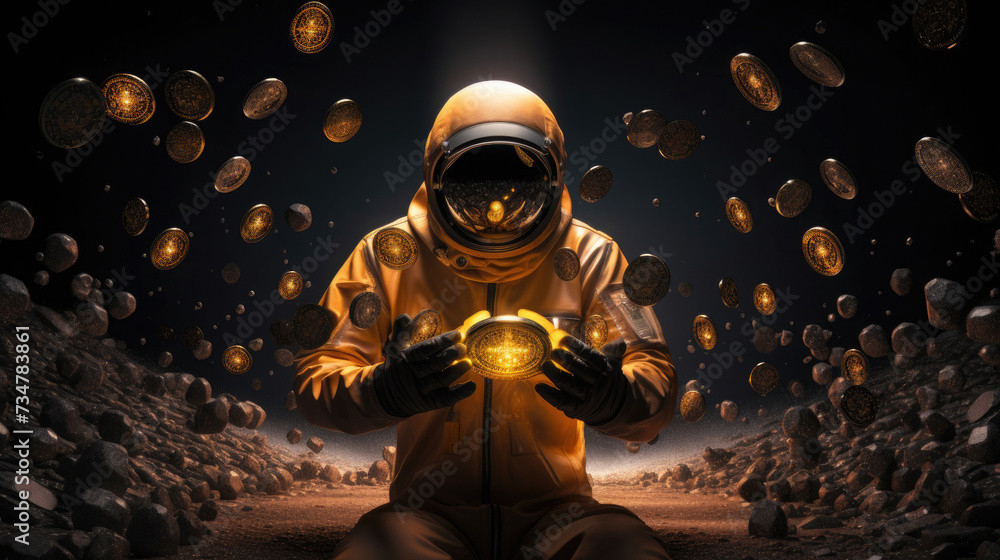 astronaut wearing gold yellow gradient color spacesuit and holding gold ...