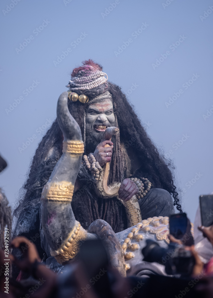 Masan Holi, Portrait of an male artist act as lord shiv with dry ash on ...