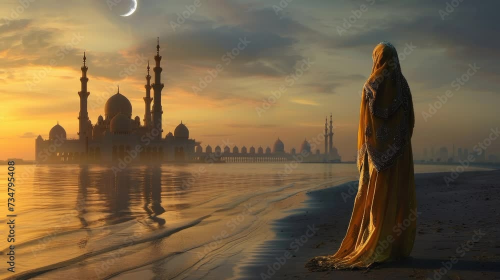 beautyfull muslim women wear golden kaftan islam dress in the beach ...