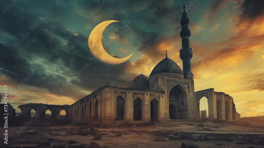dark video of old abandoned islamic building mosque with dark night sky ...