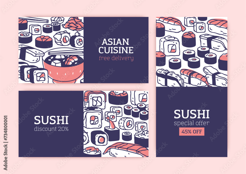 Sushi, Japanese food banners, advertising card designs set. Asian ...