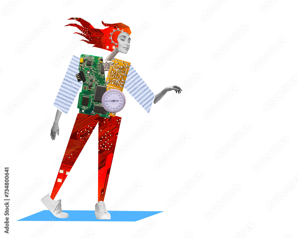 Contemporary art collage. Intelligence woman, futuristic robot with ...