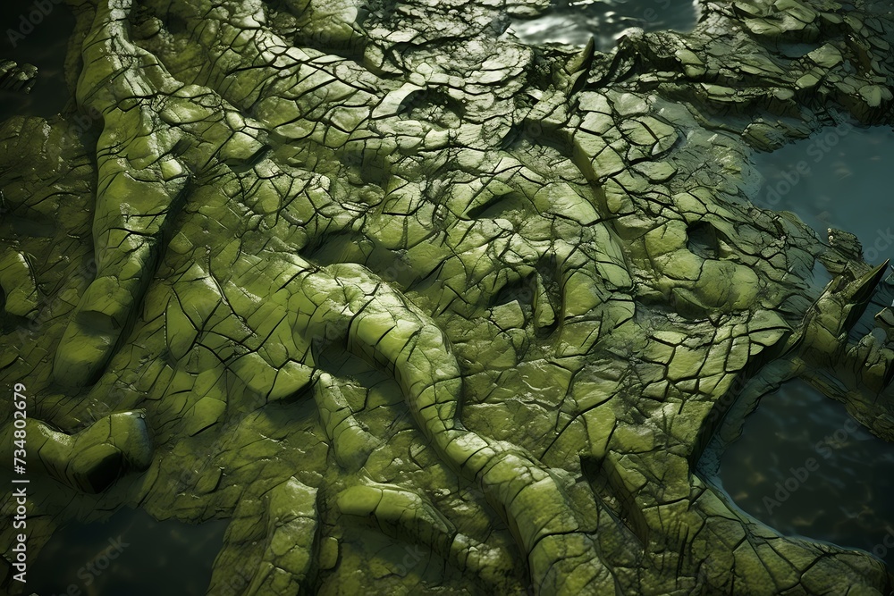 Crocodile skin texture, seamlessly blending into the murky waters of a ...