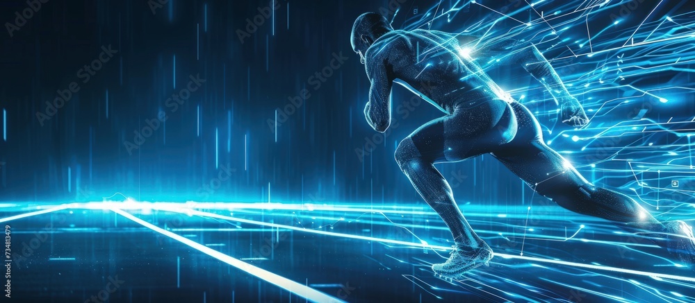 Human running man athlete with digital wireframe neon light background ...