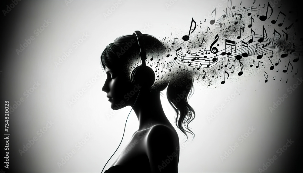 A silhouette of a woman with headphones, profile facing left, with ...