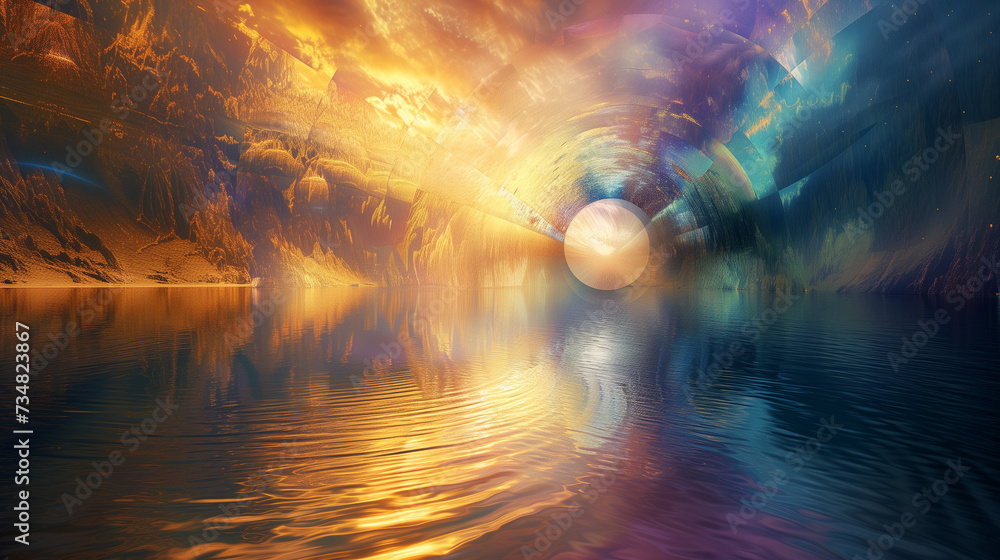 Amidst a tranquil lakeside, where the water mirrors the vibrant colors ...