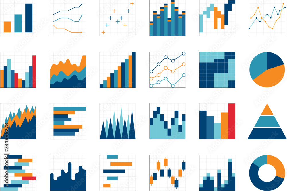 Business graphs and charts icons. Business infographics icons. Colorful ...
