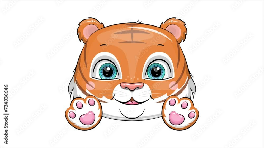 Cute cartoon tiger head blinks his eyes and moves his paws. Looped ...