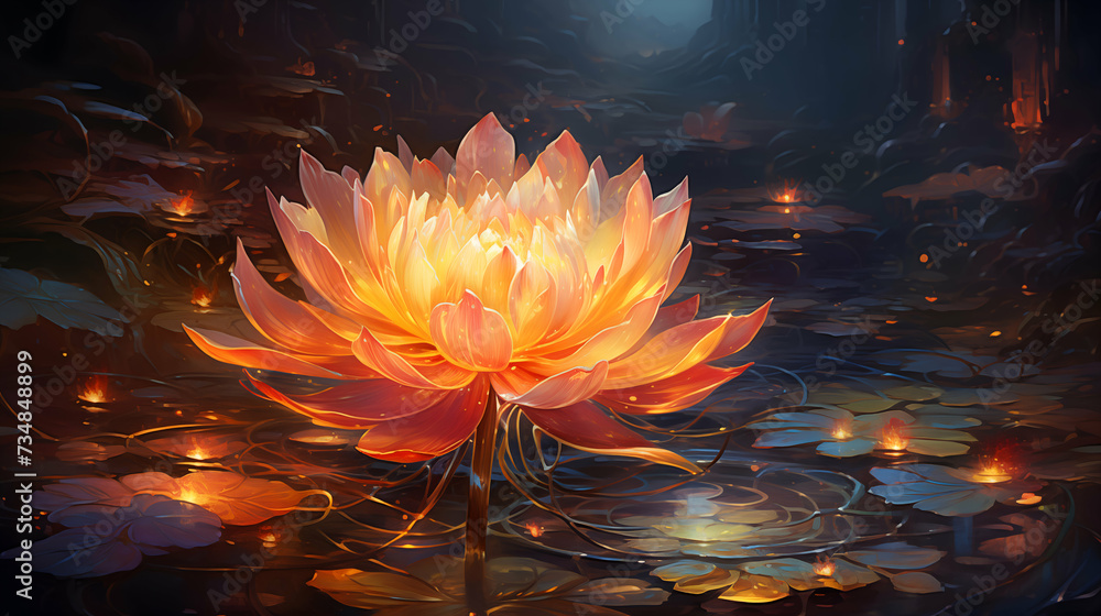 Illustration of a golden lotus flower glowing amidst a mystical, dark ...