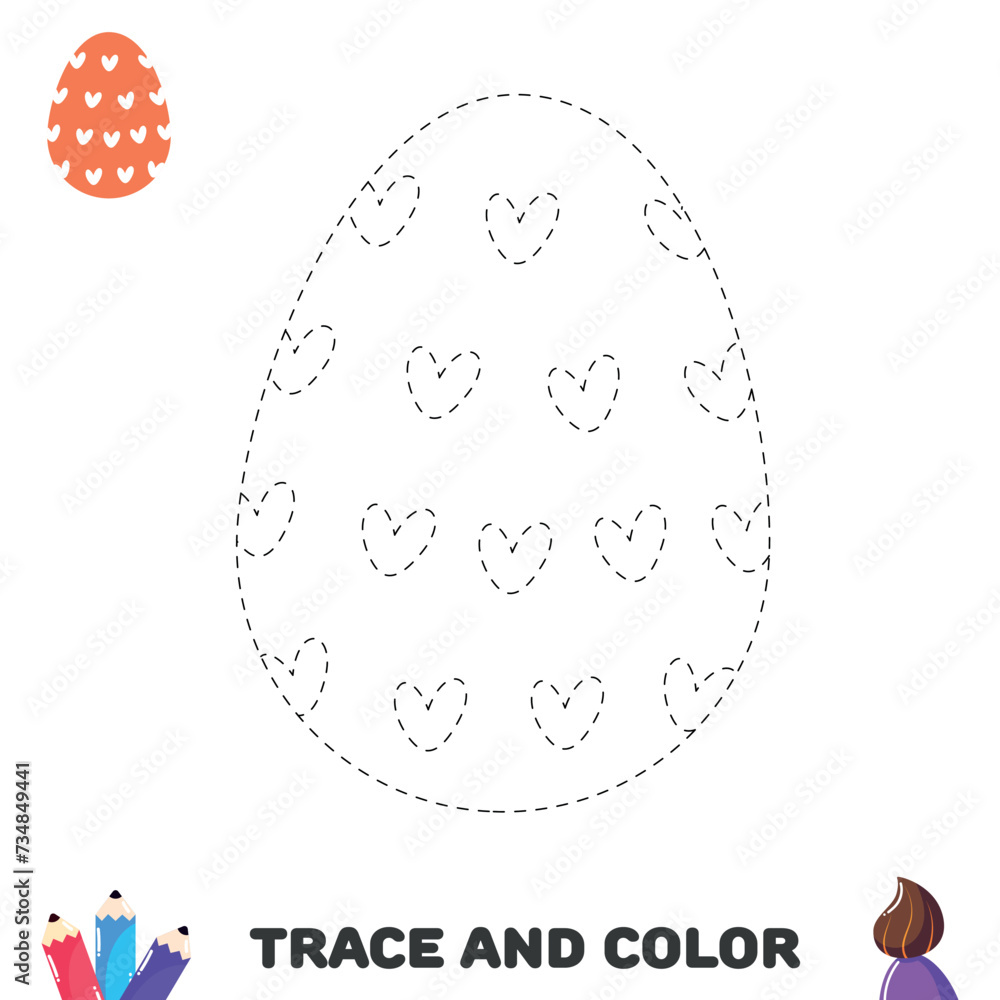 Trace and color Easter egg with heart pattern. Handwriting practice for ...