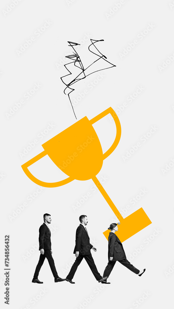 Modern aesthetic artwork. Three people, businessmen carrying huge cup ...