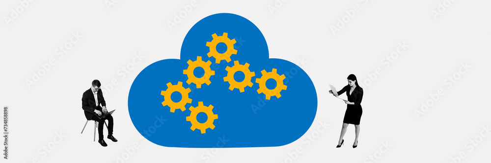 Banner. Modern aesthetic artwork. Two professionals flanking blue cloud ...