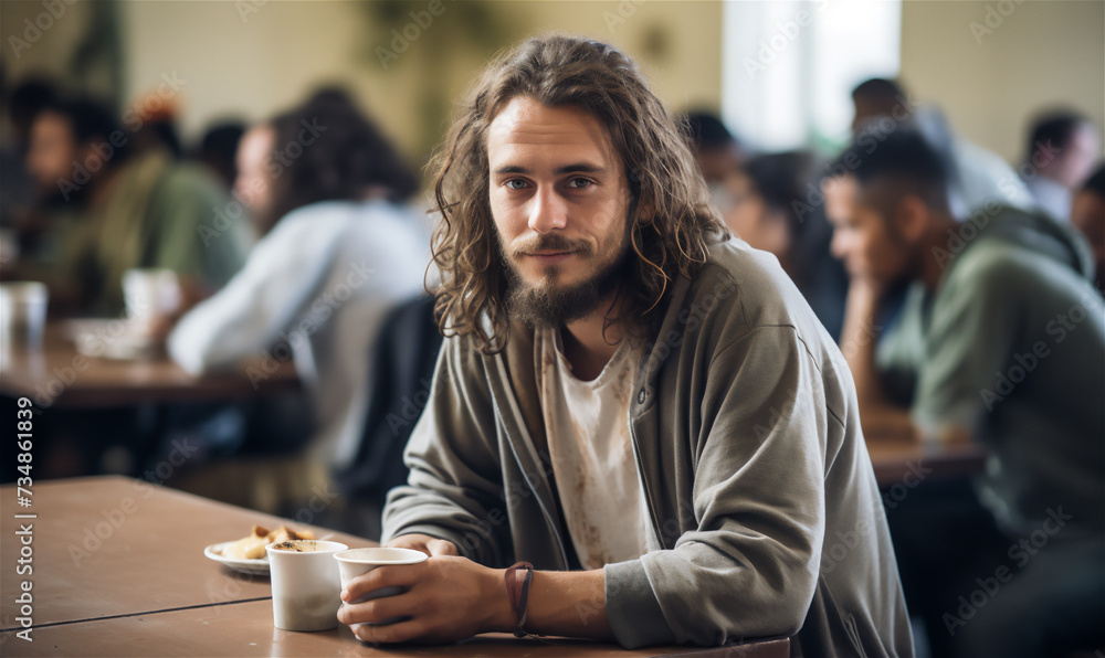 Homeless Positive white man sits at a table in a homeless shelter ...