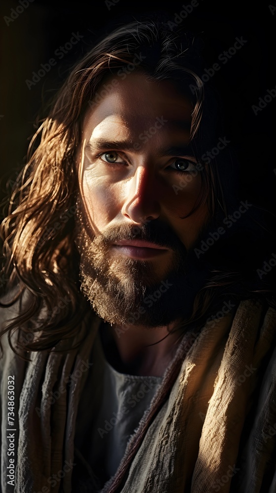 Jesus face illuminated by sunlight from the outside. Portrait of Jesus ...