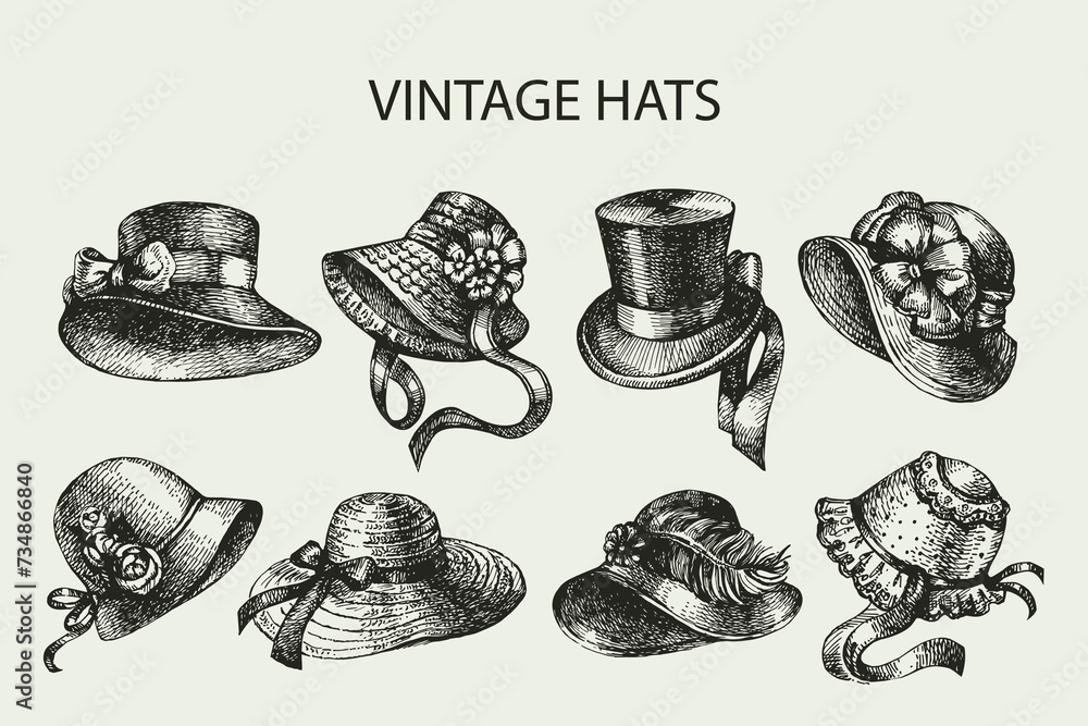 Hand drawn elegant vintage ladies set. Sketch women hats. Retro fashion ...