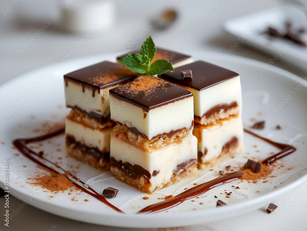 Bird's milk dessert, stack of creamy vanilla mousse pieces of square ...