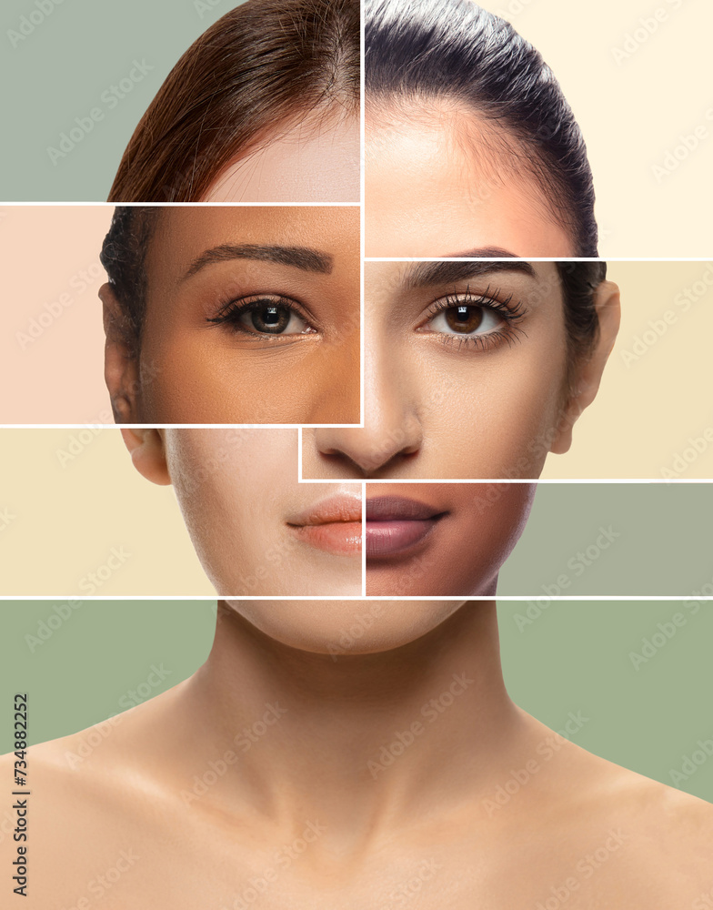 Creative collage forming female face made of face parts of different ...