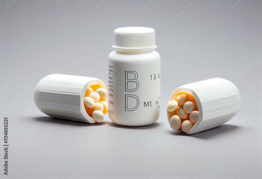 Vitamin B3. Vitamins in capsules. White capsules with vitamin B3 ...