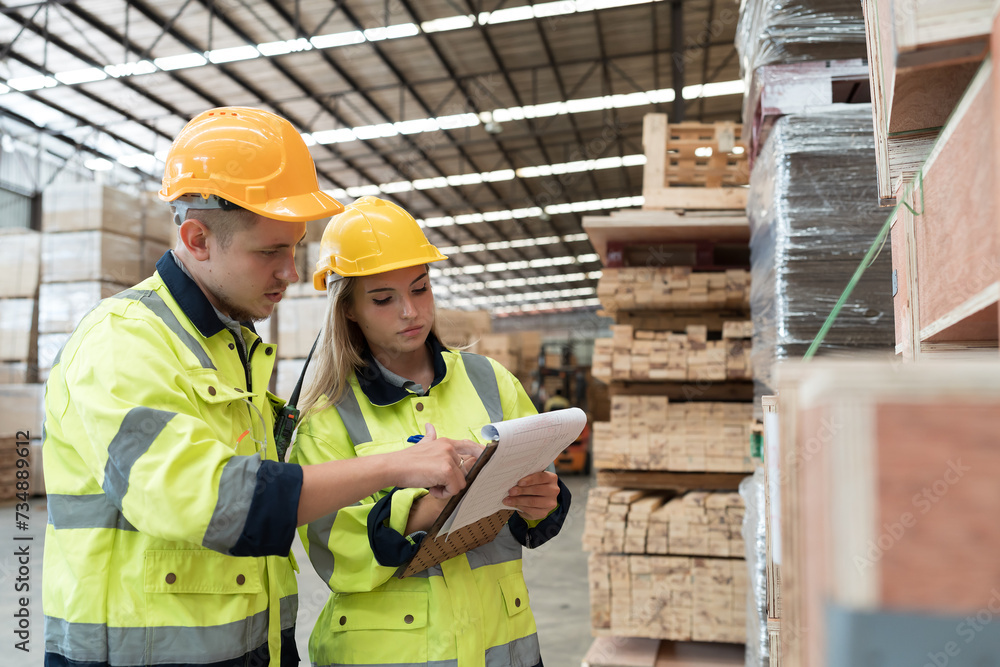 Male and female warehouse worker working in lumber storage warehouse ...
