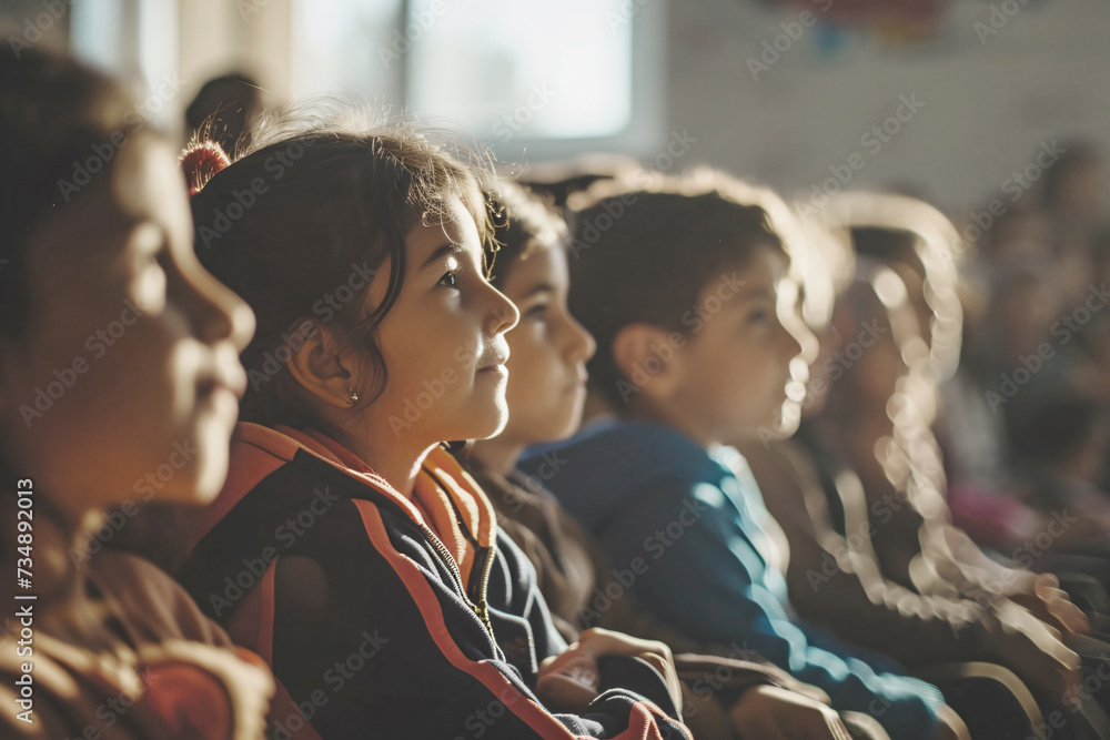 Children of different nationalities are siting indoors watching ...