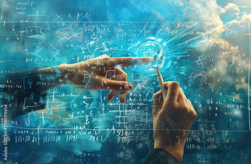 mathematics hand writing a mathematical sign with formulas on a blue ...