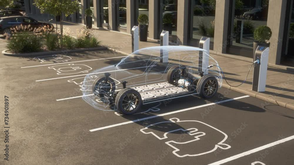X-ray view of a generic autonomous electric car charging in front of an ...