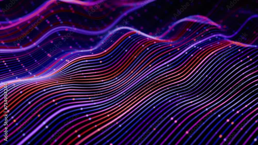 Glowing lines with flashing dots on the surface of waves. Abstract ...