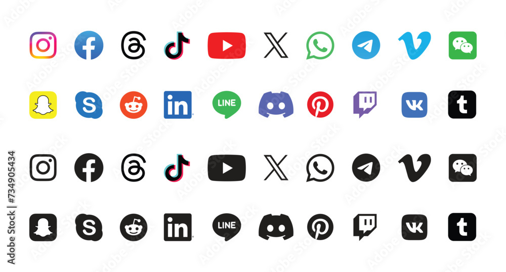popular social media logo icon. Instagram, tiktok, facebook, youtube ...
