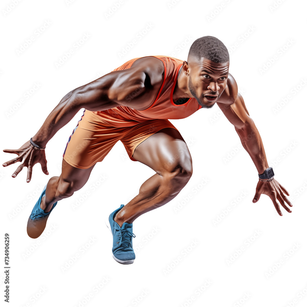 Sprinter Leaving Starting Blocks on Running Track isolated on white and ...