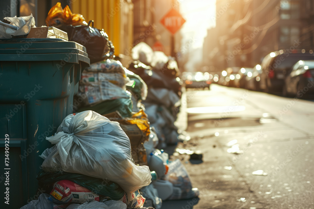 Overflowing garbage can in an urban area. Mess and trash on the street ...