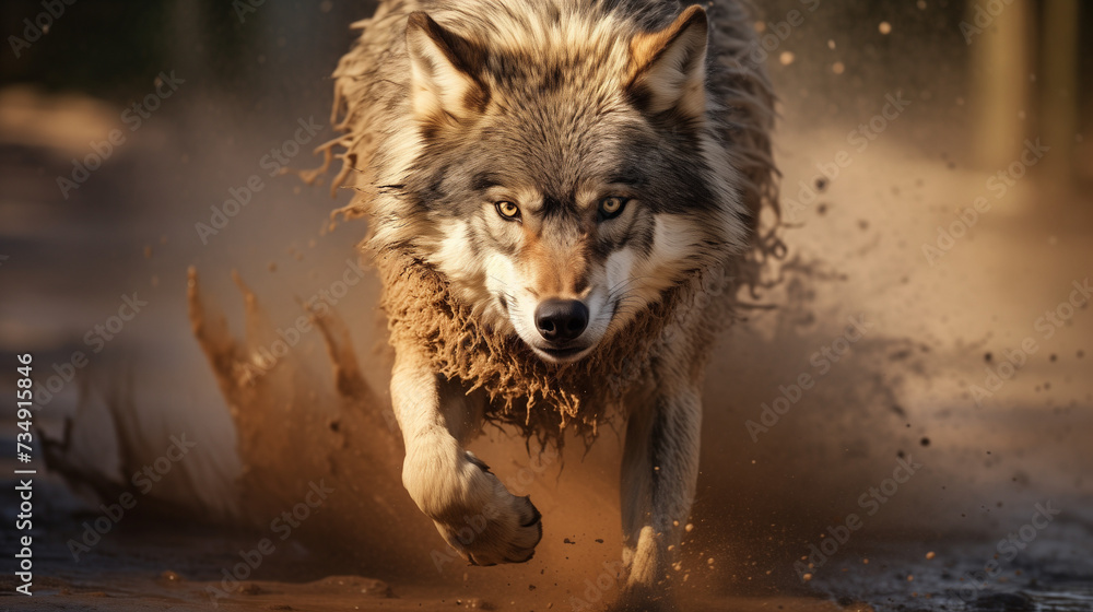 A rugged wild wolf running through mud and water. This powerful image ...