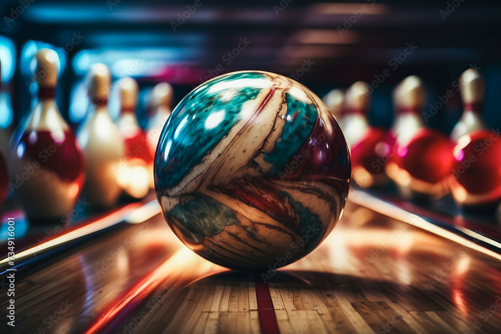 Close-up of a bowling ball hitting pins scoring a strike, bottom view ...