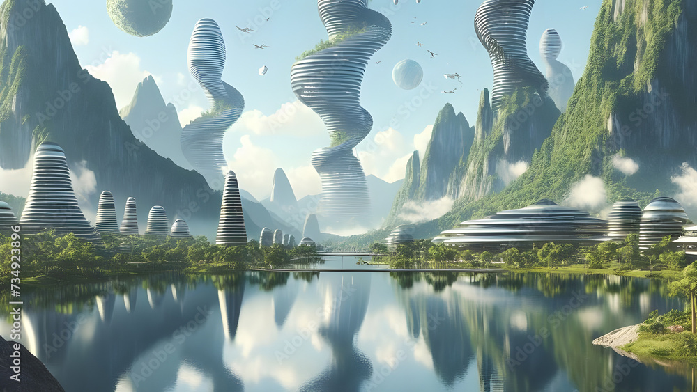 Harmony of Nature and Futurity: Rocky Mountains, Tranquil Lake, and ...